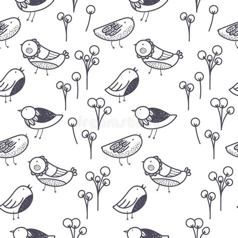 Spring Birds Hand Drawn Seamless Pattern Stock Illustration
