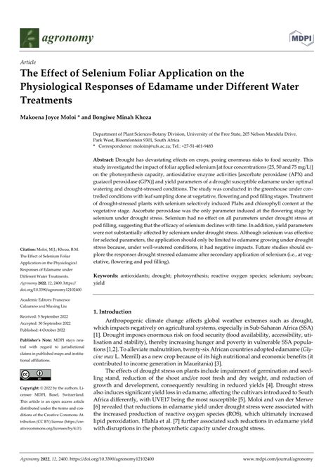 (PDF) The Effect of Selenium Foliar Application on the Physiological Responses of Edamame under ...