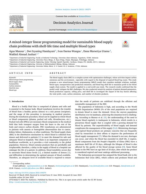 PDF A Mixed Integer Linear Programming Model For Sustainable Blood Supply Chain Problems With