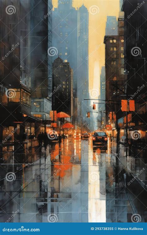 City Street After Rainy Day In Evening Stock Illustration