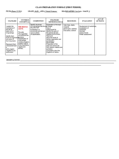 4th Grade Natural Sciences Class Plan Pdf Cell Biology Biology