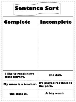 Complete And Incomplete Sentence Sort By Hess Happenings TpT