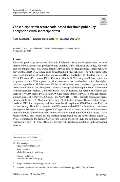 Pdf Chosen Ciphertext Secure Code Based Threshold Public Key