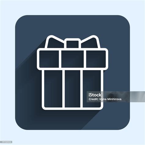 흰색 선 선물 상자 아이콘은 긴 그림자 배경으로 분리되어 있습니다 3월 8일 국제 행복한 여성의 날 파란색 사각형 버튼입니다