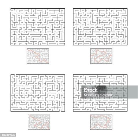 직사각형 미로 세트입니다 아이들을위한 게임 아이들을위한 퍼즐 미로 수수께끼 흰색 배경에 격리된 플랫 벡터 그림입니다 대답과 함께