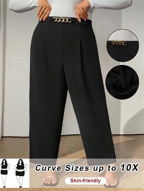 Shein Curve Plus Size High Waist Chain Accent Black Suit Trousers For