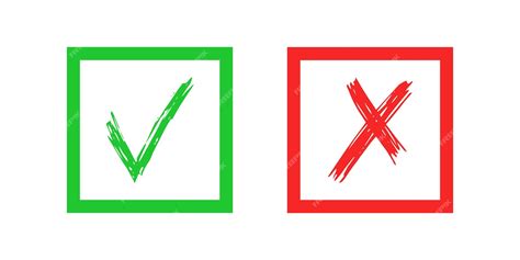 손으로 그린된 체크 및 흰색 배경에 고립 된 기호 요소를 교차 그런 지 낙서 녹색 체크 표시 확인 및 사각형 아이콘의 빨간색 X 벡터 일러스트 레이 션 프리미엄 벡터