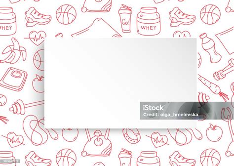 피트 니스 배너 손으로 그려 체육관 패턴 및 3d 종이 접시 운동 및 운동에 대 한 낙서 아이콘입니다 스포츠 라이프 스타일 라인 아트입니다 전단지 및 광고 판매 특별 한