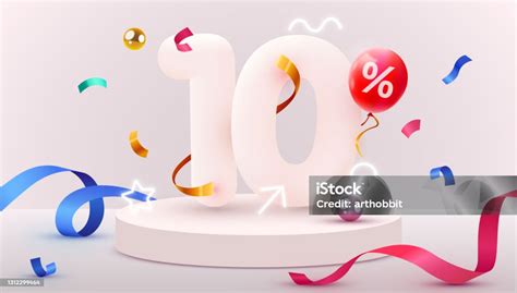 10 할인 크리에이티브 컴포지션 장식 용 물건 하트 모양의 풍선 황금 색종이 연단 및 선물 상자가있는 3d 판매 기호 판매 배너 및 포스터 3차원 형태에 대한 스톡 벡터