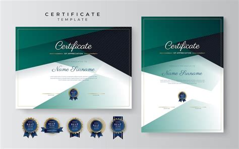 감사장 템플릿 금색과 검은색 녹색 색상 금 배지가 있는 깨끗한 현대 인증서 고급스럽고 현대적인 라인 패턴이 있는 인증서 테두리 템플릿 졸업장 벡터 템플릿 프리미엄 벡터