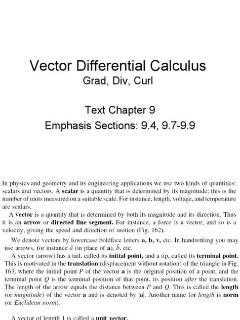 Vector Differential Calculus Grad Div Curl Text Chapter 9 Emphasis Sections 9 4 9 7 9 9