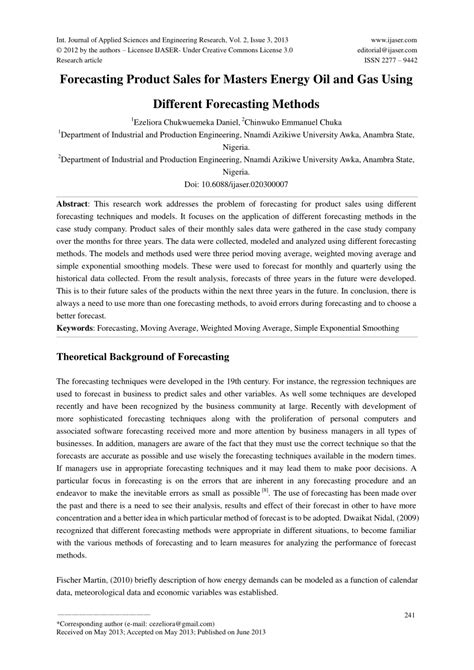 Pdf Forecasting Product Sales For Masters Energy Oil And Gas Using