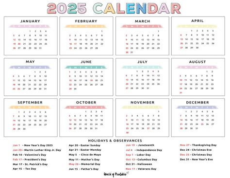 2025 Calendar With Holidays Free Printables In 28 Unique Styles