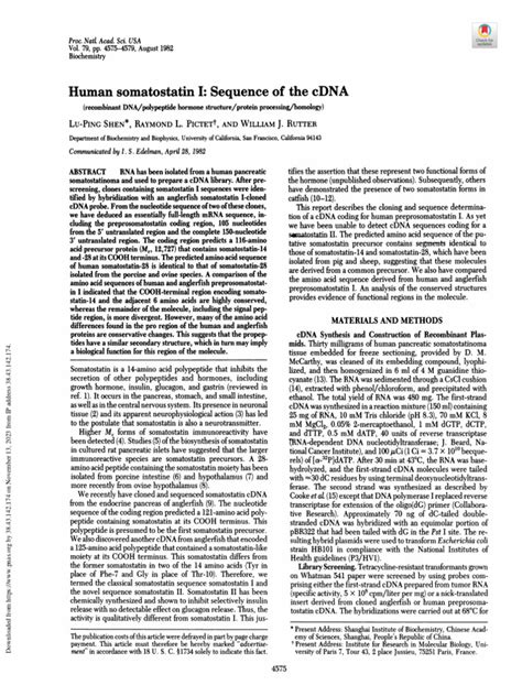 Shen Et Al 1982 Human Somatostatin I Sequence Of The Cdna Pdf Amino Acid Complementary Dna