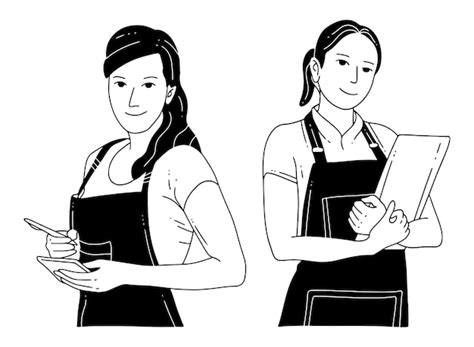 커피숍과 바리스타 손으로 그린 그림 프리미엄 벡터