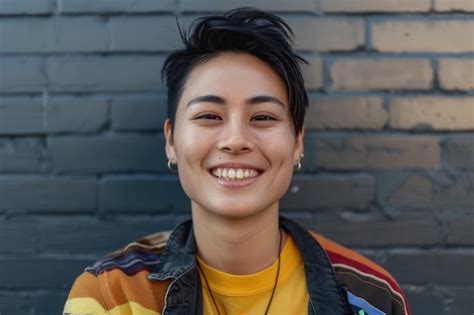 Happy Friendly Asian Non Binary Lgbt Person Smiling To Camera Premium