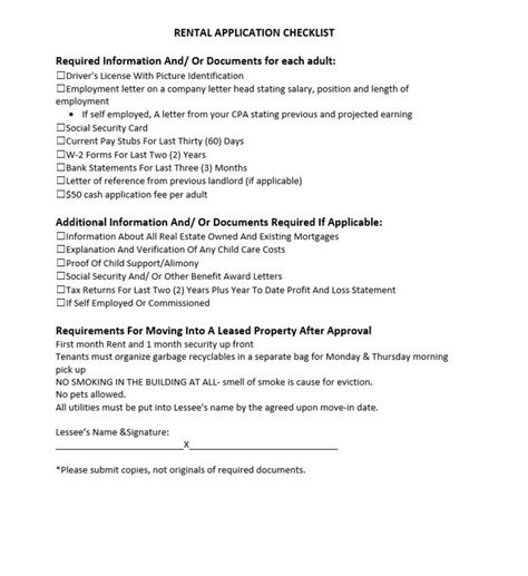 Rental Application Checklist Template Rental Application Checklist