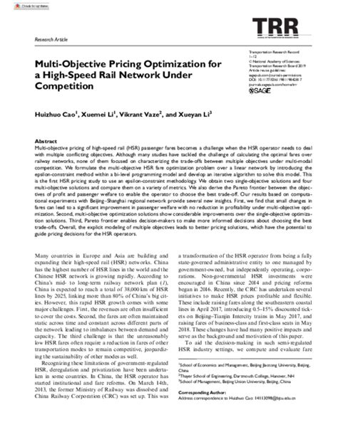 Pdf Multi Objective Pricing Optimization For A High Speed Rail