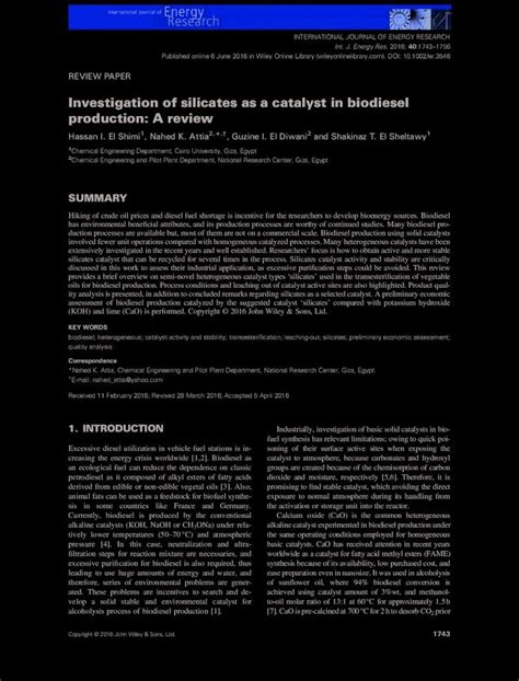 Pdf Investigation Of Silicates As A Catalyst In Biodiesel Scholar