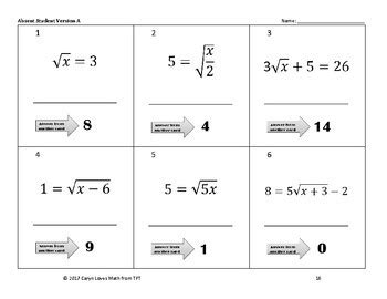 Radical Equations Walk Around Activity Solving Square Root Function Level