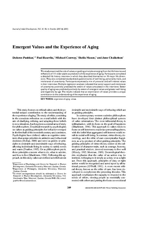 Emergent Values And The Experience Of Ag Journal Of Adult Development Vol 10 No 4 October