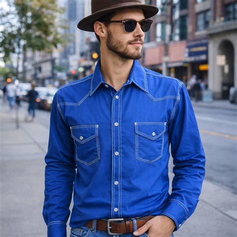 1990s Vintage High Noon Blue Western Dress Shirt With White