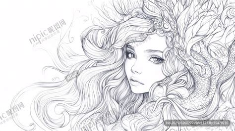 ai创作图精灵 少女 长发 线描 幻想 图案 艺术 手绘 轮廓 线条 装饰 神秘 唯美 奇幻 造型 昵图网