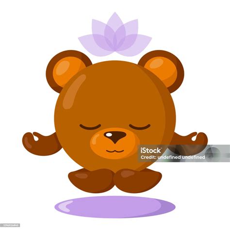 머리 위에 연꽃과 둥근 몸체가 있는 재미있는 귀여운 가와이 명상 곰이 그림자가 있는 플랫 디자인 갈색에 대한 스톡 벡터 아트 및 기타 이미지 Istock