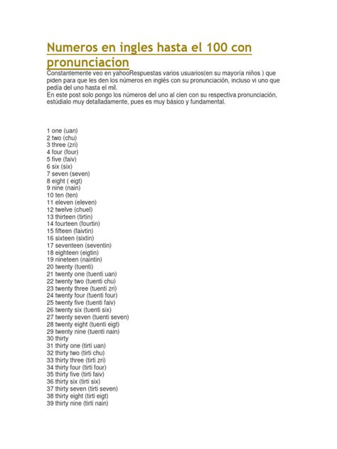 Números En Inglés Del 1 Al 100 Con Pronunciación Pdf