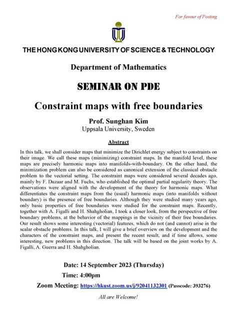 Department Of Mathematics Seminar On Pde Constraint Maps With Free Boundaries University