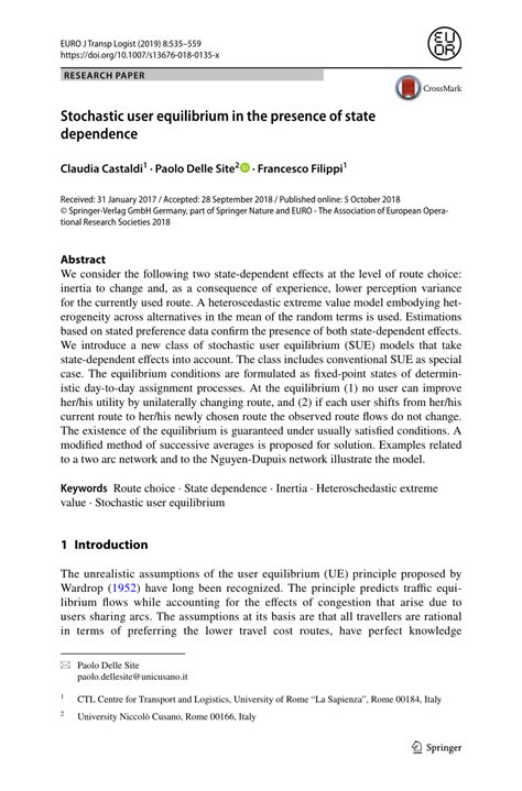 Pdf Stochastic User Equilibrium In The Presence Of State Dependence