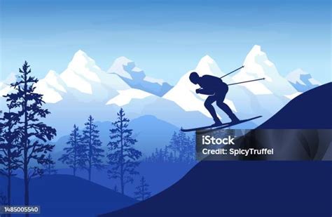 알파인 마운틴 스키 활강 눈 덮인 바위의 경사면에서 스키어 얼음 알프스에서 점프 경쟁 산비탈 스키 자연 경관입니다 실루엣 소나무와 봉우리 벡터 그림 개념 개념에 대한 스톡