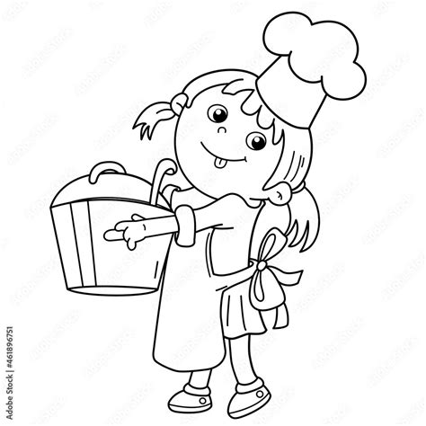 Coloring Page Outline Of Cartoon Girl Chef With Large Pot Little Cook Or Scullion In Apron And