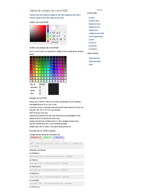 tabela de códigos de cores rgb pdf modelo de cores rgb cor