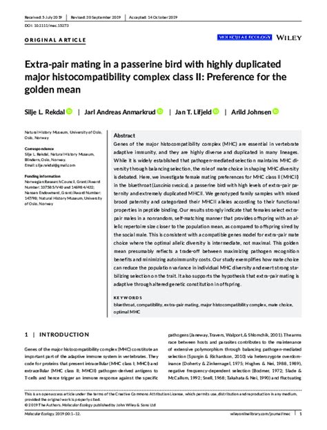 Pdf Extra‐pair Mating In A Passerine Bird With Highly Duplicated Major Histocompatibility