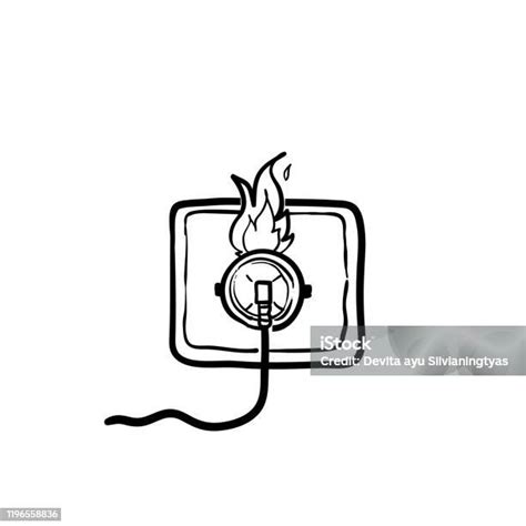 화재 배선 과부하로 인한 소켓 및 플러그 온 화재 전기 안전 개념 단락 전기 회로 깨진 전기 연결손으로 그린 낙서 스타일 벡터 격리 가정용 장비에 대한 스톡 벡터 아트 및