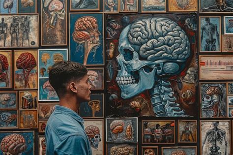 Man Observing Artistic Anatomical Brain Illustrations In A Gallery Setting Emphasizing Art