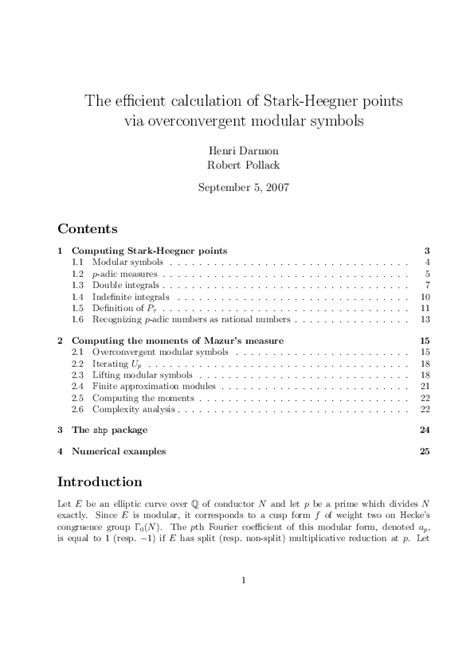 Pdf Efficient Calculation Of Stark Heegner Points Via Overconvergent Modular Symbols
