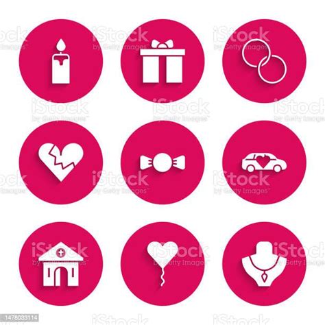 나비 넥타이 심장의 형태로 풍선 목걸이 마네킹 리무진 자동차 교회 건물 깨진 이혼 결혼 반지 및 불타는 촛불 아이콘을 설정합니다 벡터 3월에 대한 스톡 벡터 아트 및 기타