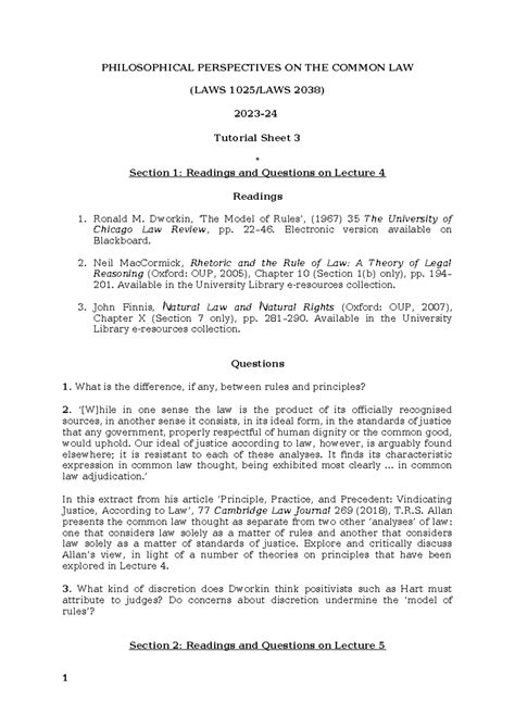 Ppcl Tutorial Sheet 3 2023 24 Philosophical Perspectives On The Common Law Laws 1025 Laws