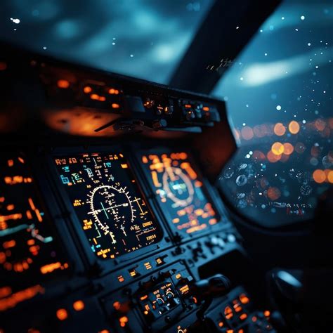 Interior View Of An Airplane Cockpit With Illuminated Controls And