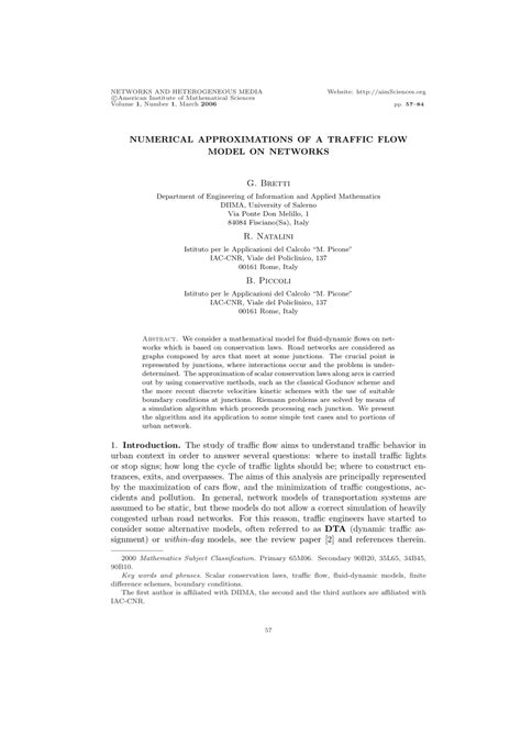 Pdf Numerical Approximations Of A Traffic Flow Model On Networks