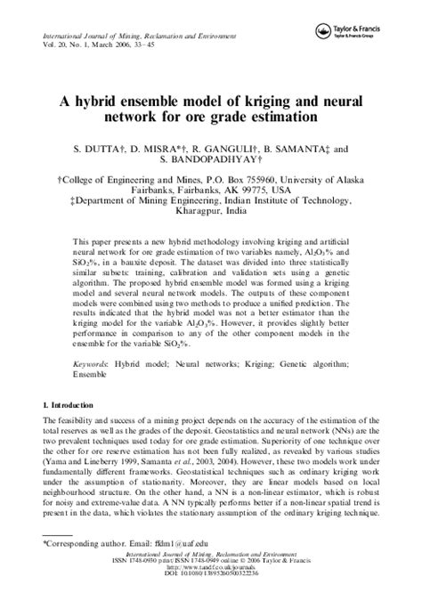 pdf a hybrid ensemble model of kriging and neural network for ore