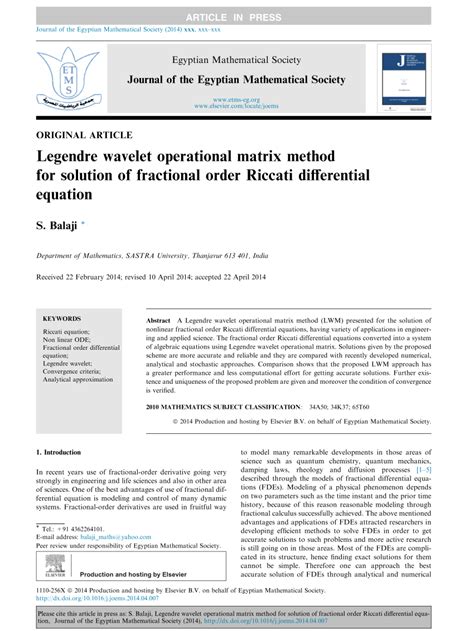 Pdf Legendre Wavelet Operational Matrix Method For Solution Of Riccati Differential Equation