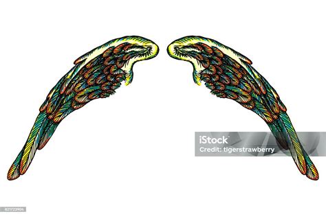 쌍이 글 새 또는 천사의 날개에 밖으로 화려한 확산 에칭된 목 판 빈티지 스타일 날개의 화려한 확산입니다 바디 아트에 대 한 아프리카 인도 토템 문신 디자인 개념 벡터입니다