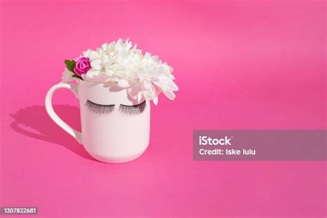 햇볕이 잘 드는 분홍색 배경에 긴 속눈썹이있는 흰색과 분홍색 꽃의 창조적 인 머그잔 0명에 대한 스톡 사진 및 기타 이미지 0명 긴 꽃 나무 Istock