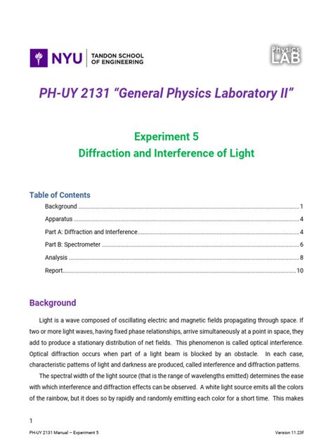 Ph Uy 2131 Experiment 5 2023 Fall Pdf Diffraction Wavelength