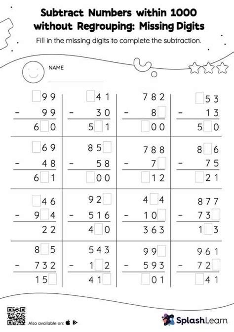 Subtract Numbers Within 1000 Without Regrouping Missing Digits Worksheet