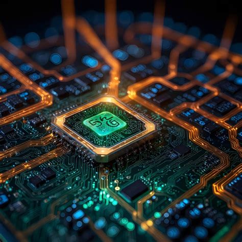 Close Up Of A Glowing Microprocessor On A Circuit Board Stock