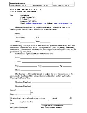 Fillable Online Crookcounty Wy Application For Duplicate Title Crook